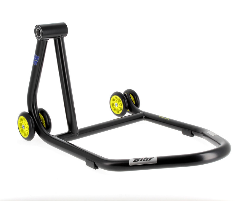 Bihr Home Track Left Single Arm Paddock Stand Matt Black Yellow Wheels ...