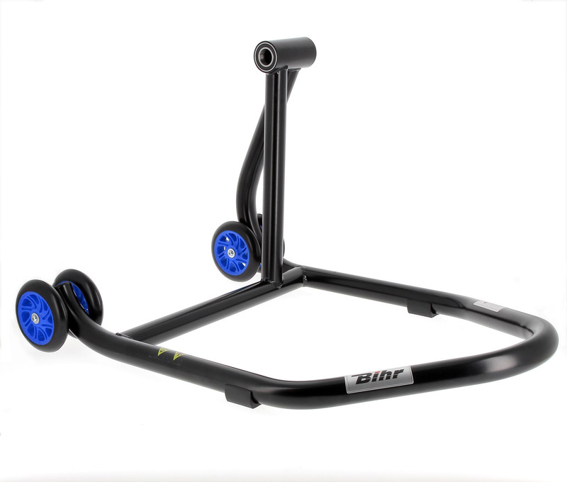 Bihr Home Track Right Single Arm Paddock Stand Matt Black Blue Wheels ...